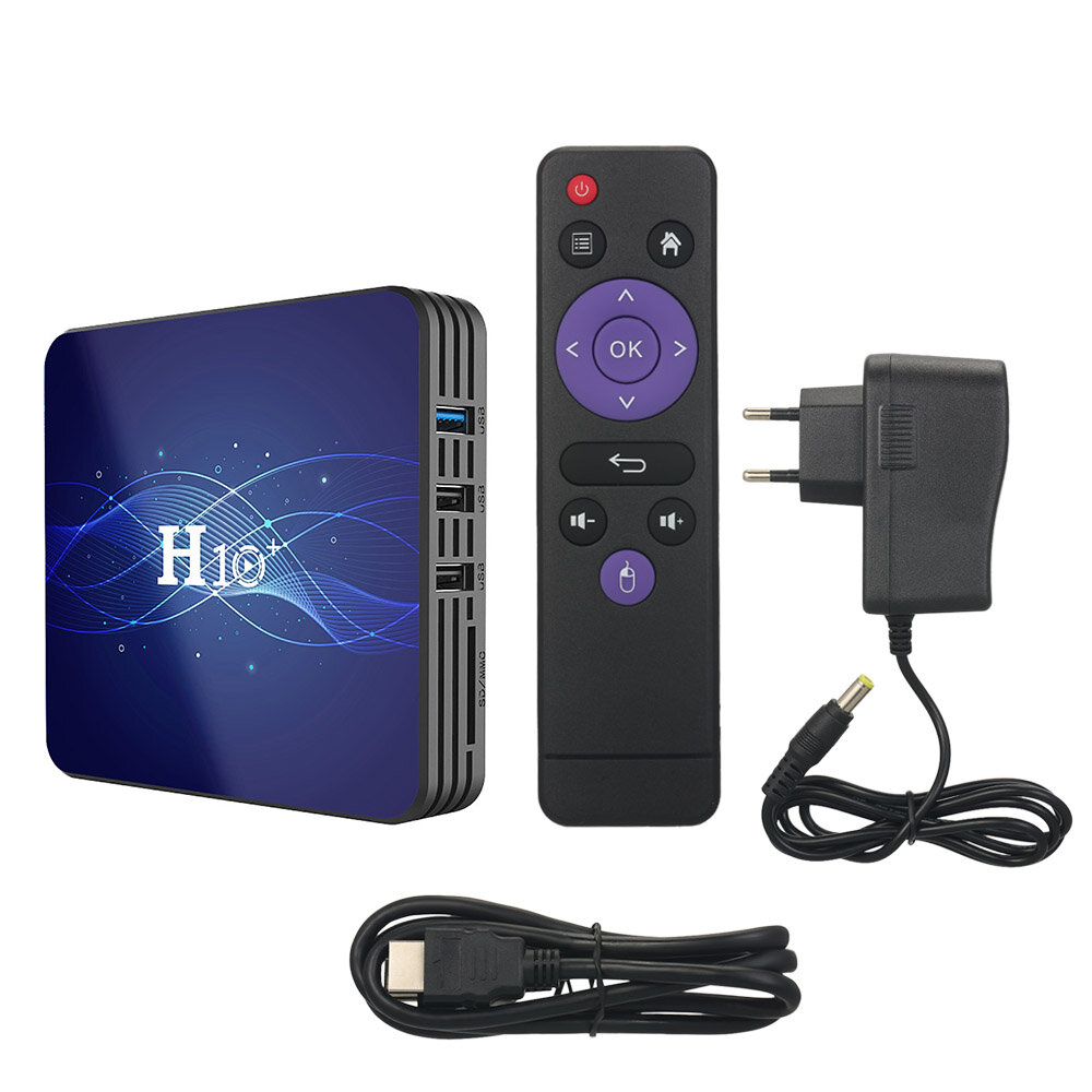 H10 Plus Smart TV Box Android 9.0 4K Media Player HDR H.265 VP9 Quad-core 64 Bit 1GB DDR3 8GB EMMC 2.4G/5G Dual-band WiFi 100M LAN Digital Display Remote Control Black