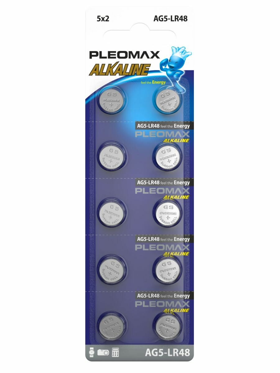Батарейки щелочные Pleomax круглые AG5 (393, LR754, LR48) таблетки 1.5V для часов, калькулятора, игрушек, пульта, 10 шт