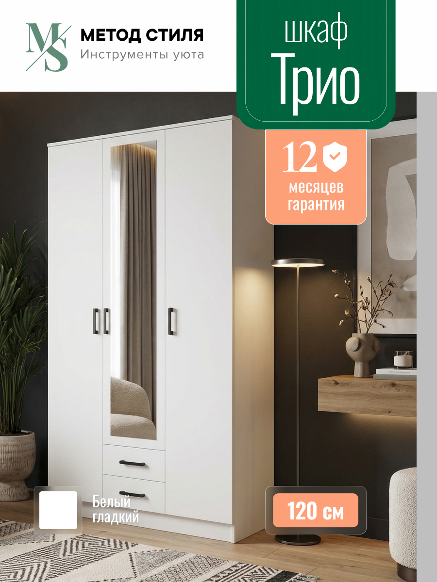 Шкаф Эра "Трио", распашной, ЛДСП, с зеркалом, 3 двери, 120 см x 220 см х 48,7 см