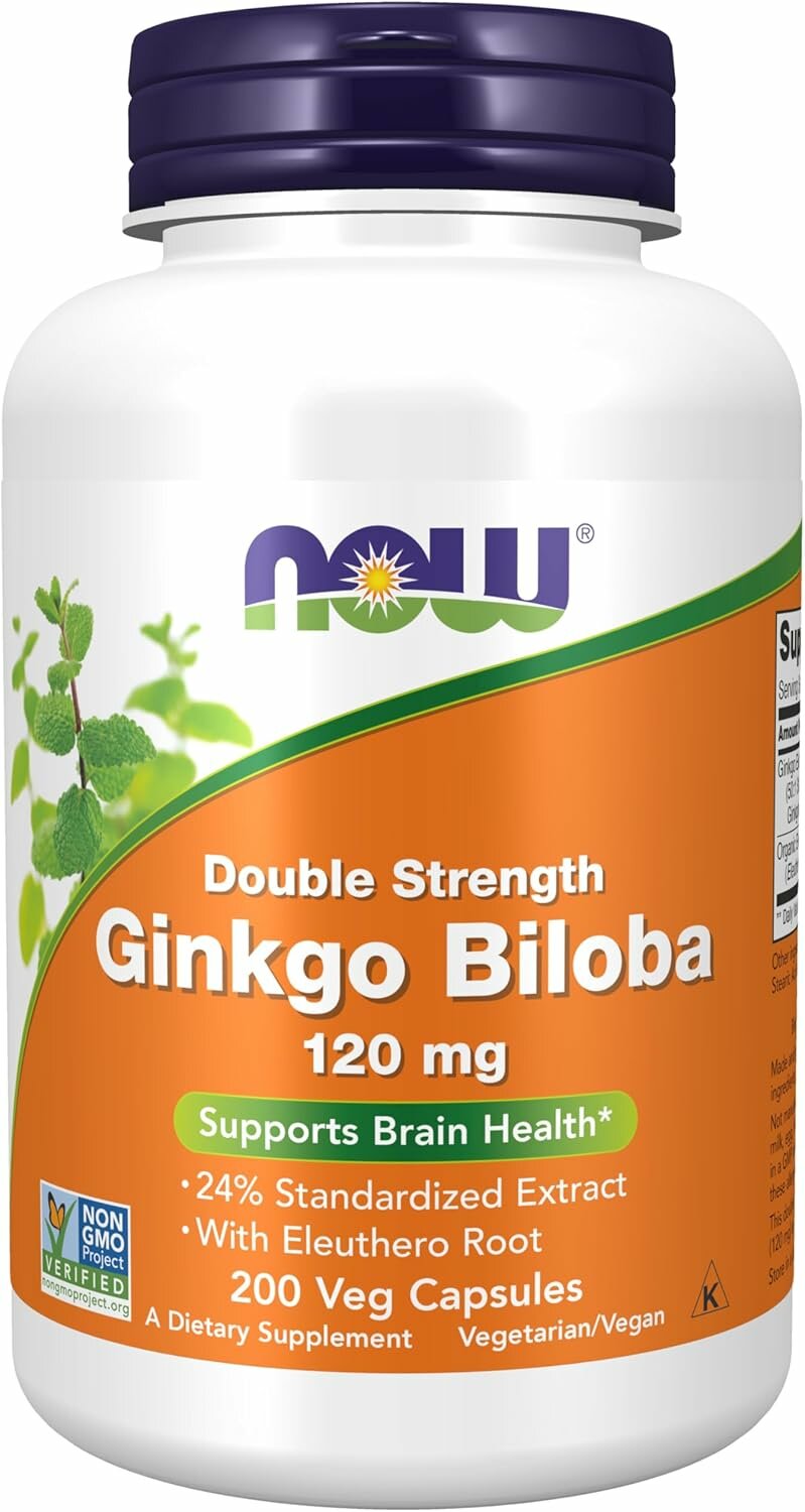 Гинкго билоба двойная концентрация, Ginkgo Biloba, NOW Foods 120 мг, 200 вегетарианских капсул