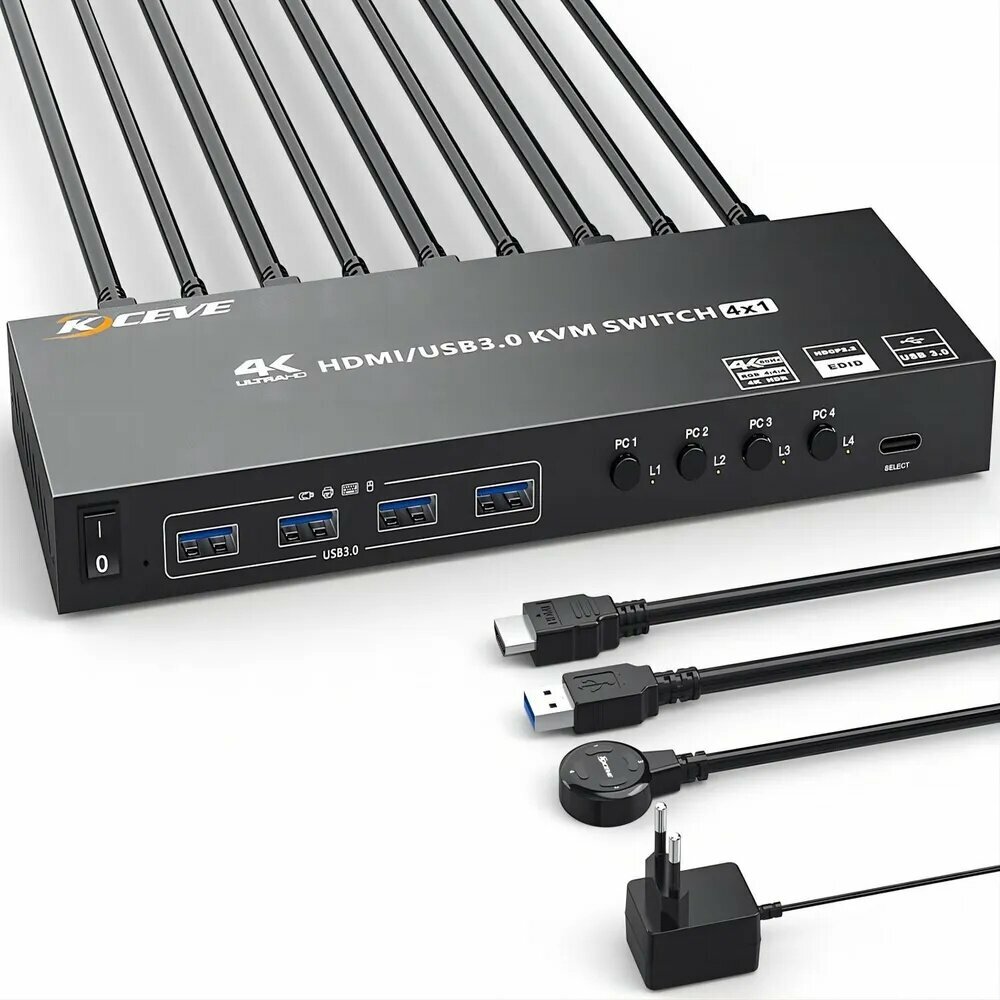 USB 3.0 KVM переключатель HDMI 4 порт 4K@60Hz Имитационные переключатели EDID, HDMI 2.0 KVM 4 ПК 1 монитор 2K@120Hz Подходит для 4 ПК с общим дисплеем 1 и 4 устройствами USB 3.0