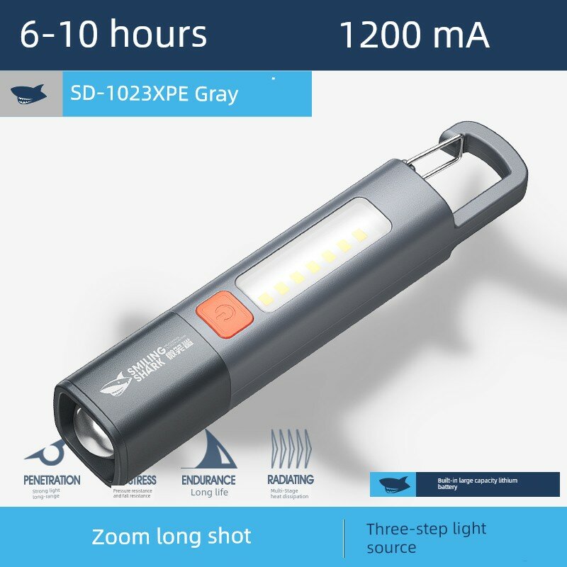 Многофункциональный фонарик с пряжкой Smiling Shark, перезаряжаемый порт TYPE-C, телескопический зум, с прожектором,