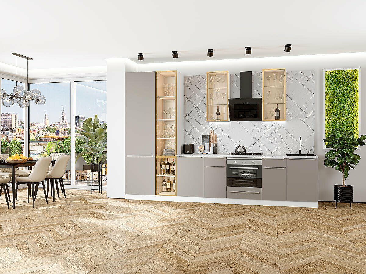 Кухонный гарнитур 3,4 м Мебель-МСК Фьюжн-08 Clay Silk, с полками из стекла 234х340х60 см