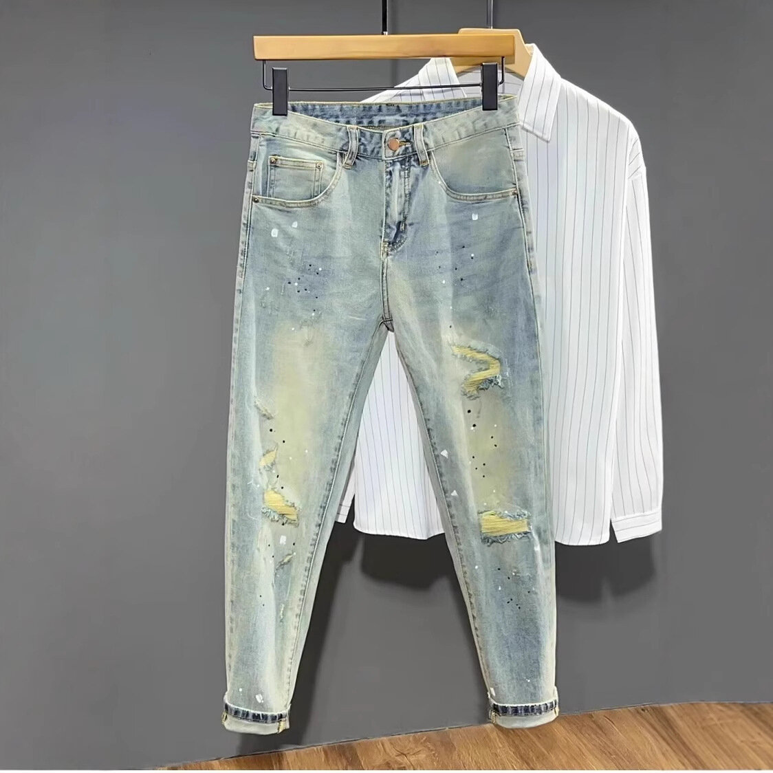 Тренд RONG CH Мужские Джинсы Высокий Улица Потертые Печать Свободные Кэжуал Деним, Размер_36