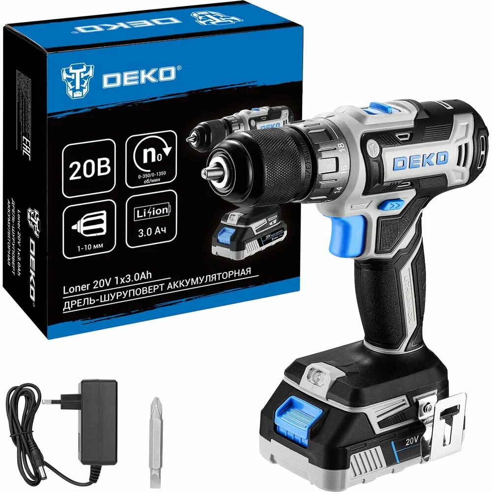 Аккумуляторная дрель-шуруповерт DEKO Loner 20V, 20В, 1x3.0Ач 085-1006