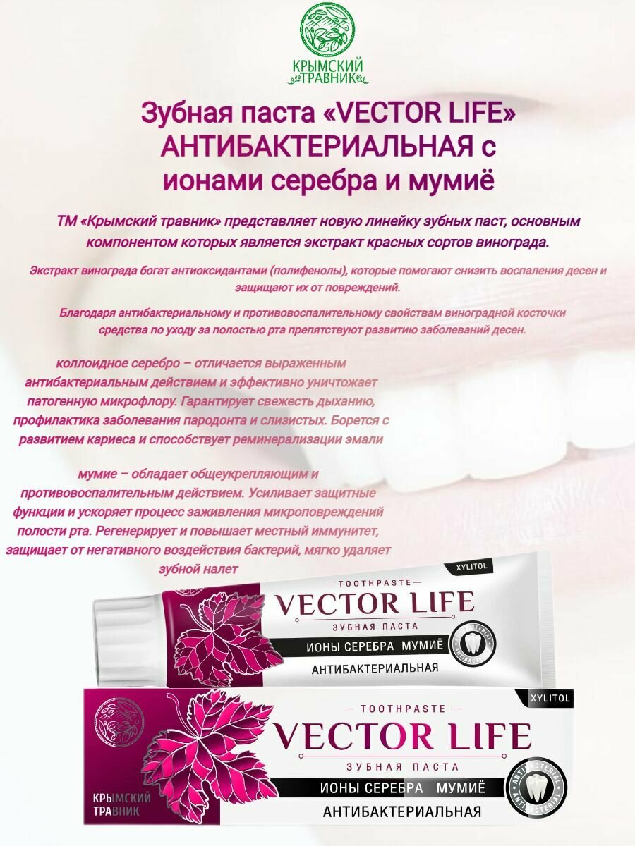 Зубная паста VECTOR LIFE антибактериальная с ионами серебра и мумиё