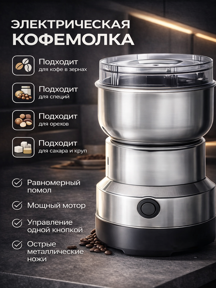 Кофемолка электрическая, 4 лезвия, 200 W, мощная, для кофе и специй