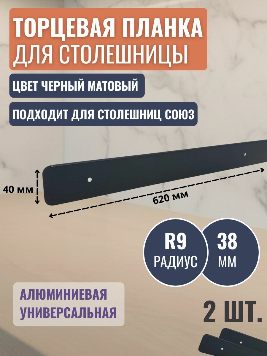 Планка торцевая для столешницы 38 мм R9 универсальная 620 мм цвет Чёрный матовый 2 шт.