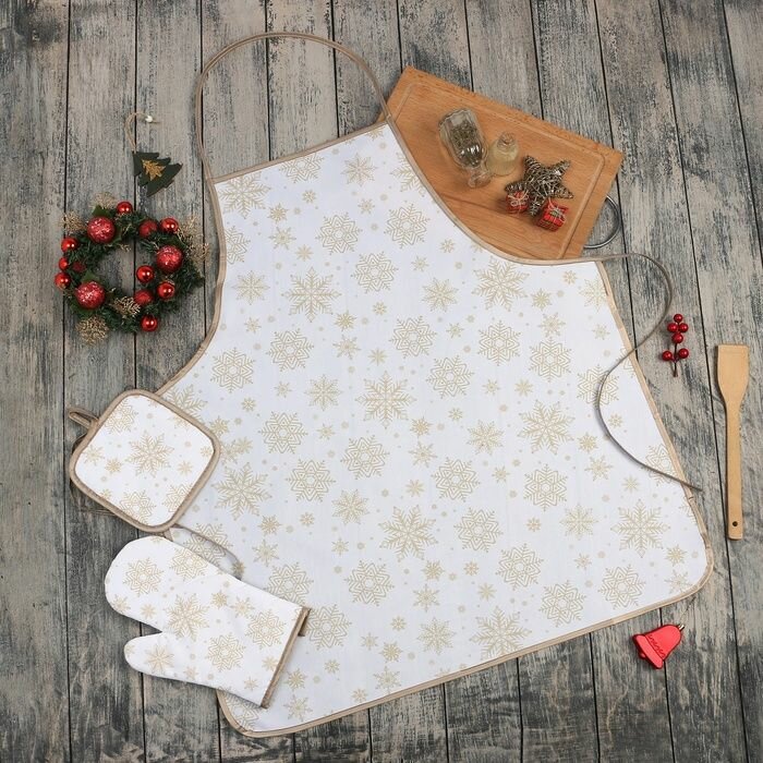 Кухонный набор Доляна "Снежинки", прихватка 17х17 см, варежка 26х16 см, фартук 70х80 см, золотистый, 100% полиэстер