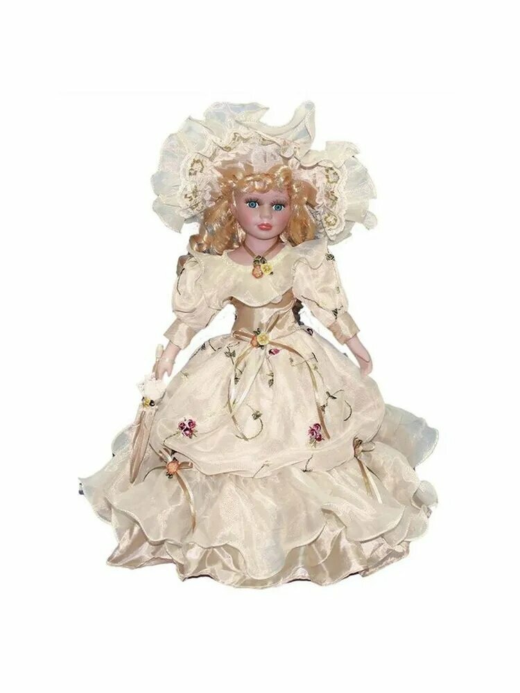 Фарфоровая кукла 40 см в викторианском стиле с деревянным кронштейном