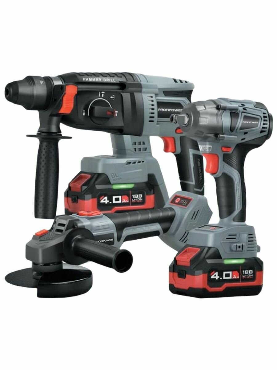 Набор аккумуляторного бесщеточного инструмента 3в1 ProfiPower УШМ MKDGA-18V, гайковерт MKDTW-18V, перфоратор MKDHR-18V