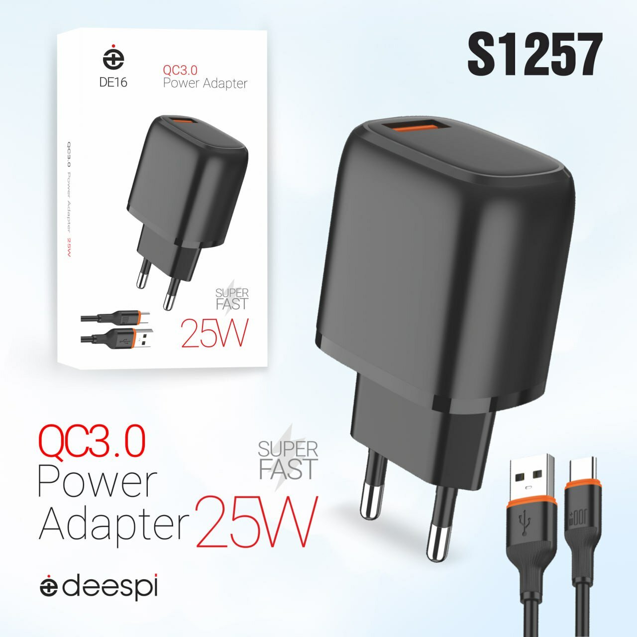 Сетевое зарядное устройство для телефона deespi DE16 25W QC.0 + кабель Type-C Black / Зарядка для Andoid и Iphone / Блок питания