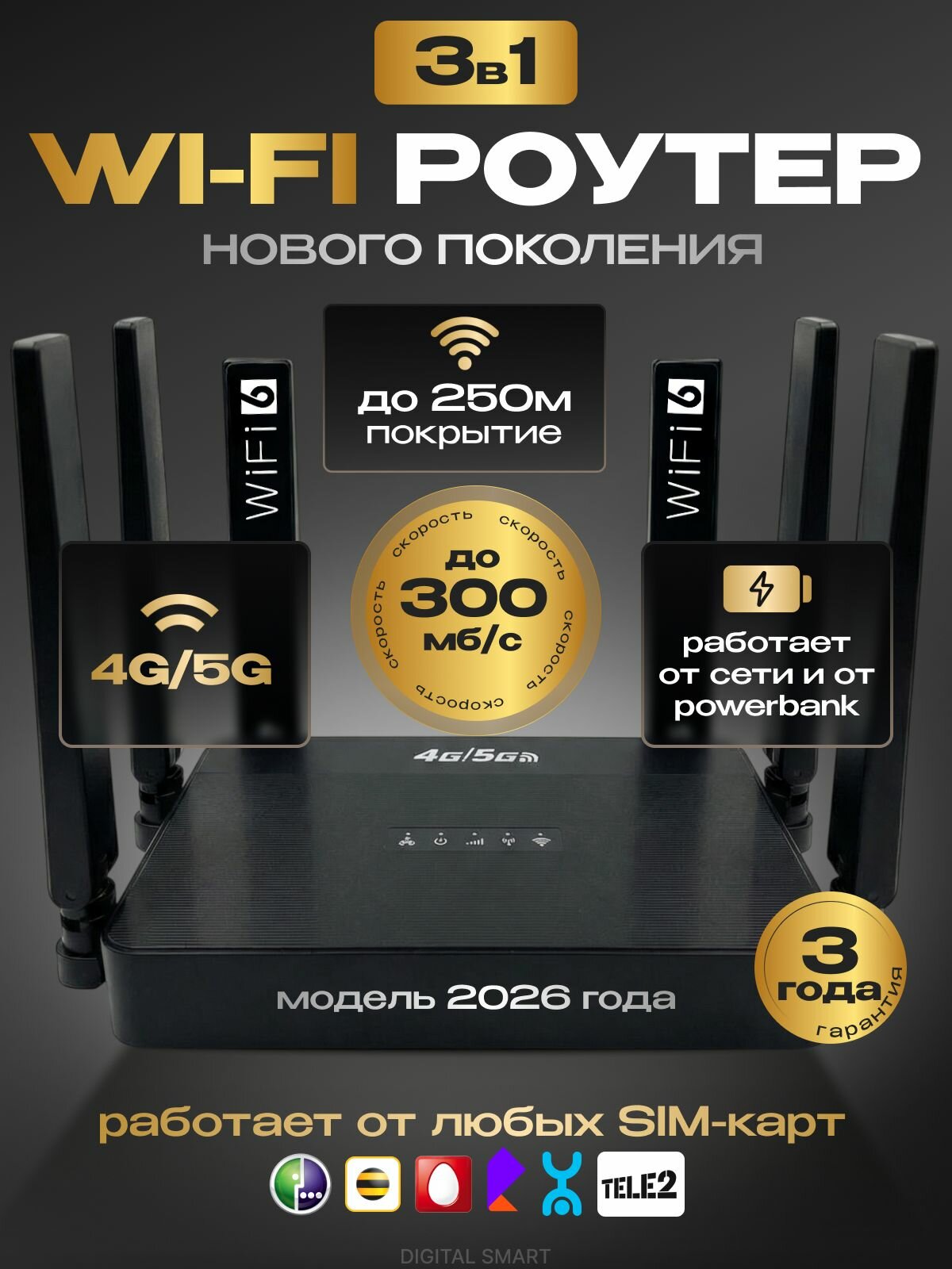 Роутер WIFI 6 с сим картой 4G/5G, скорость до 300 Мбит/с, покрытие до 250 метров, до 64 устройств