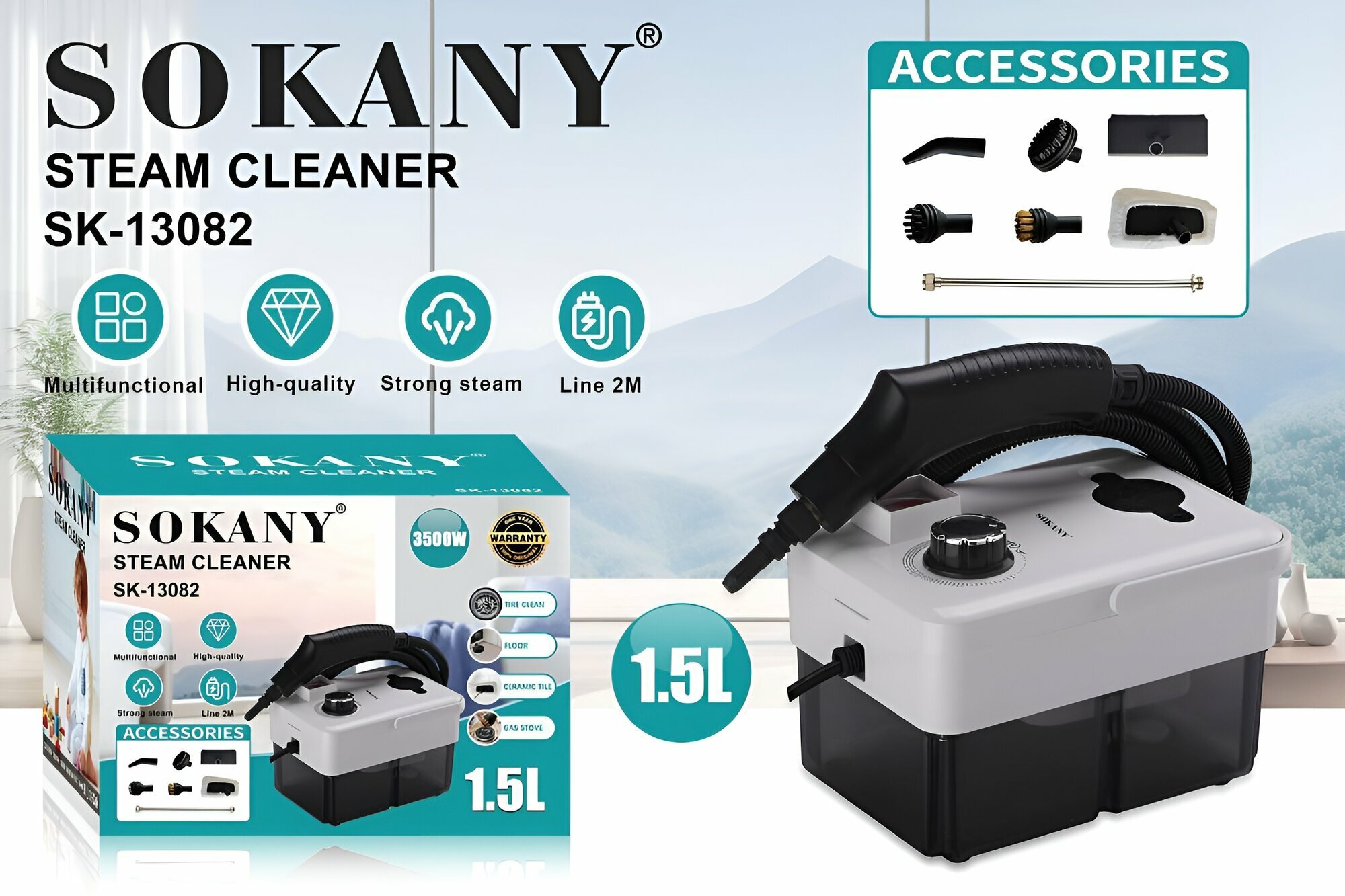 Мощный пароочиститель 3500 Вт, 8 насадок, давление 4 бар, 1.5 л, для дома и авто, дезинфекция.