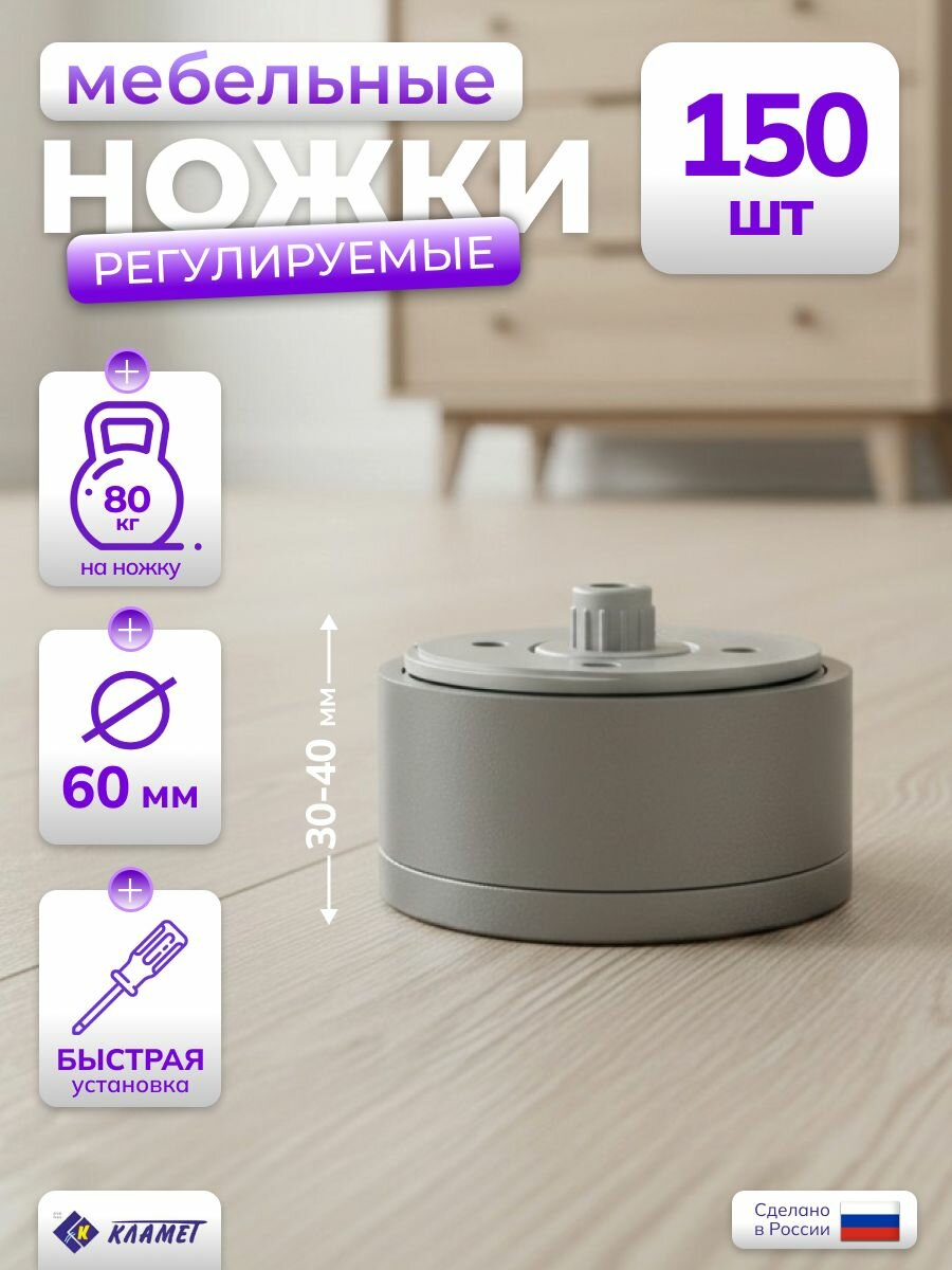 Ножки для мебели регулируемые цвет матовый хром 150 шт. высота 30-40 мм диаметр 60 мм / пластиковые мебельные опоры