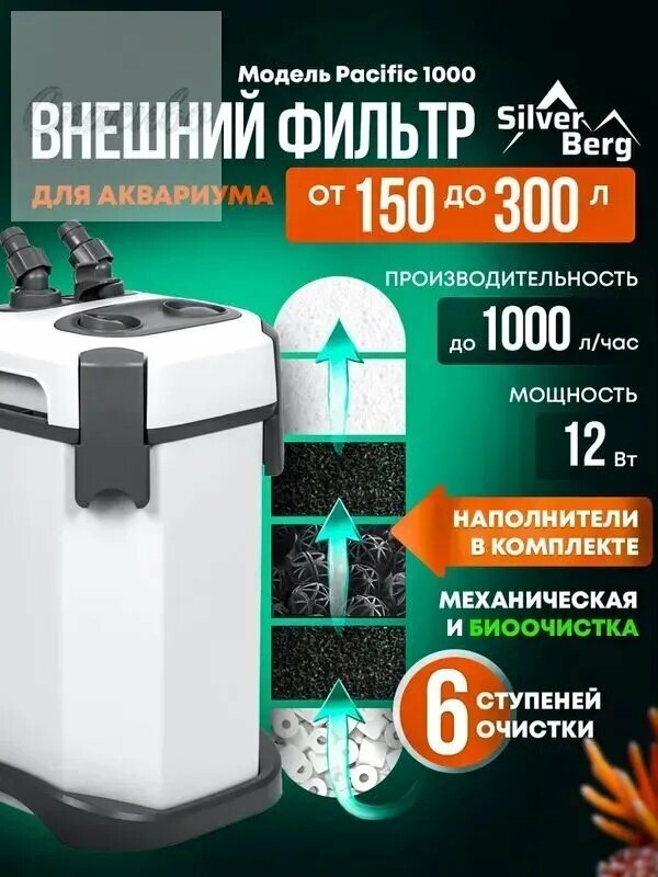 Внешний канистровый фильтр Silver Berg Pacific 1000 для аквариумов 150-300л с аэрацией