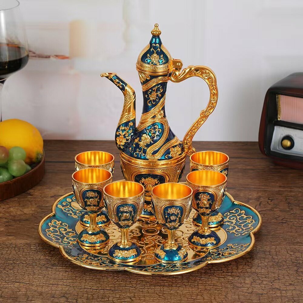 Винтажный турецкий чайный сервиз, многофункциональный чайный горшок из цинкового сплава, набор чашек с подносом для чая для вечеринки, дня рождения, прополки, золотой и белый