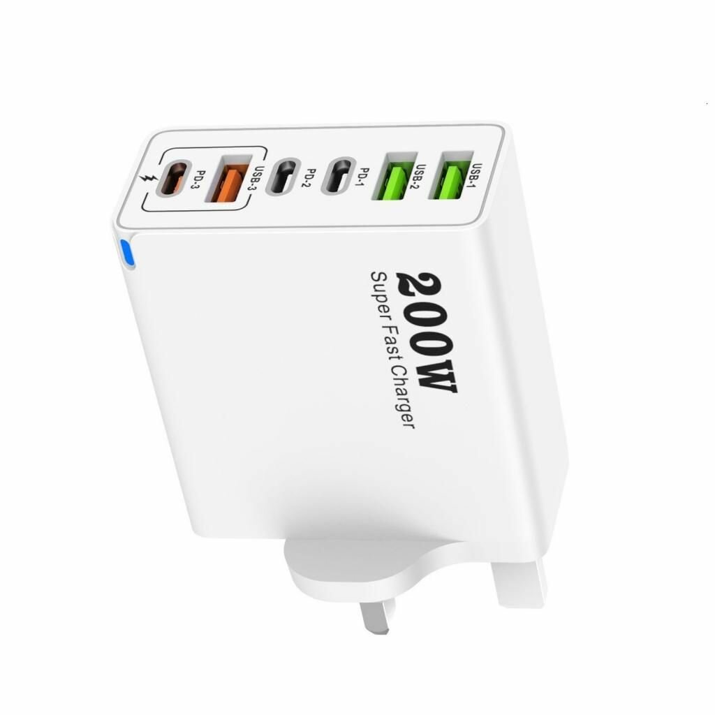 USB-зарядное устройство 200 Вт с 6 портами, Белый - UK