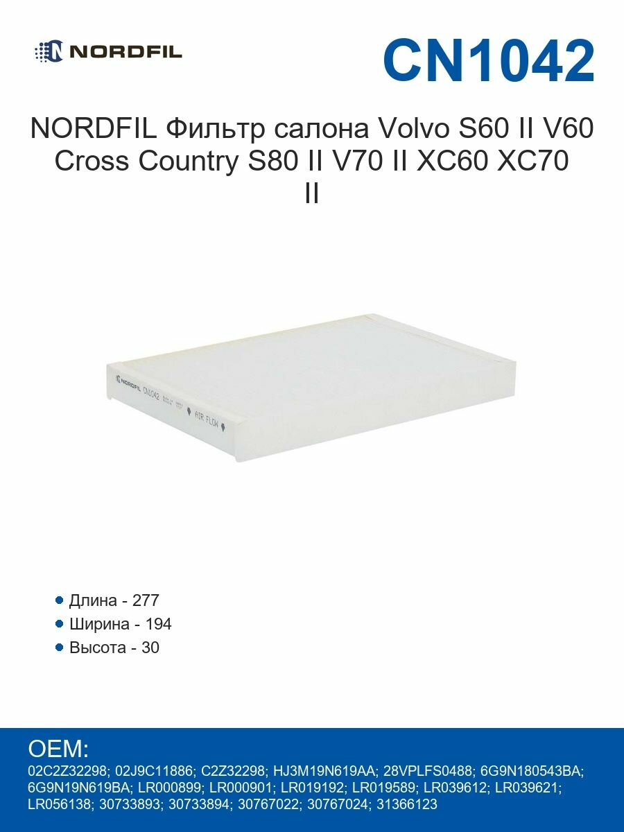 NORDFIL Фильтр салона Volvo S60 II V60 Cross Country S80 II V70 II XC60 XC70 II