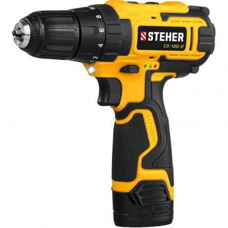 Дрель-шуруповерт, кейс (CD-120-2) STEHER 12 В, 30 Н·м, 2 АКБ (2 А·ч)