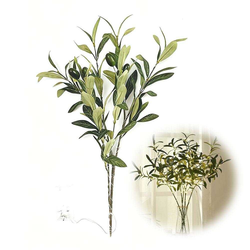 Искусственные оливковые ветви для ваз, светящиеся ветки оливкового дерева с питанием от батареек, водонепроницаемые, для декора.