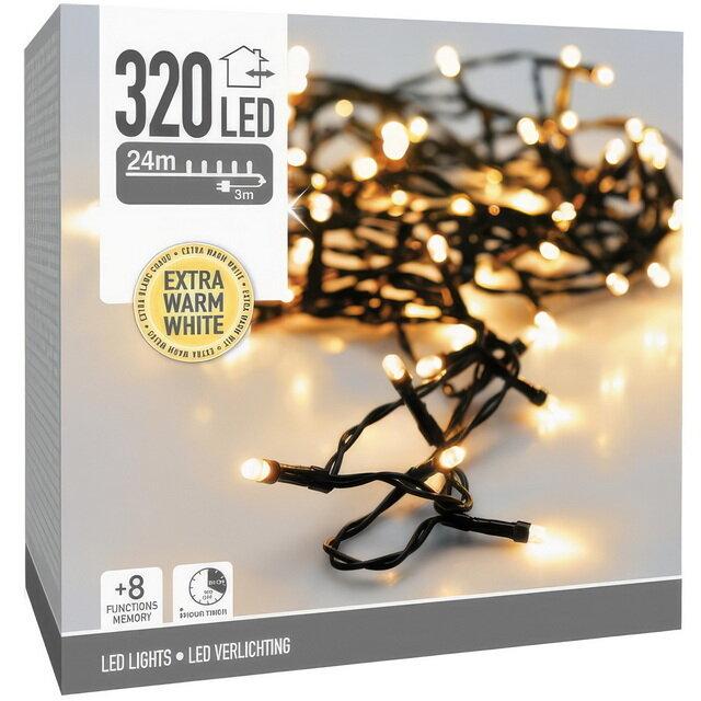 Светодиодная гирлянда Koopman Comfort 24 м, 320 экстра теплых белых LED ламп, зеленый ПВХ, контроллер, таймер, IP44, Koopman (Купман), AX8453150