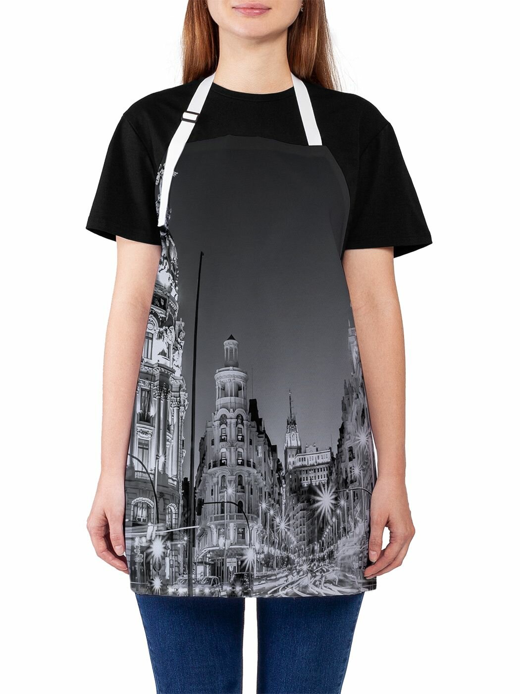 Фартук для кухни тканевый "Огни ночного города в хроме" / водоотталкивающий, универсальный размер , JoyArty