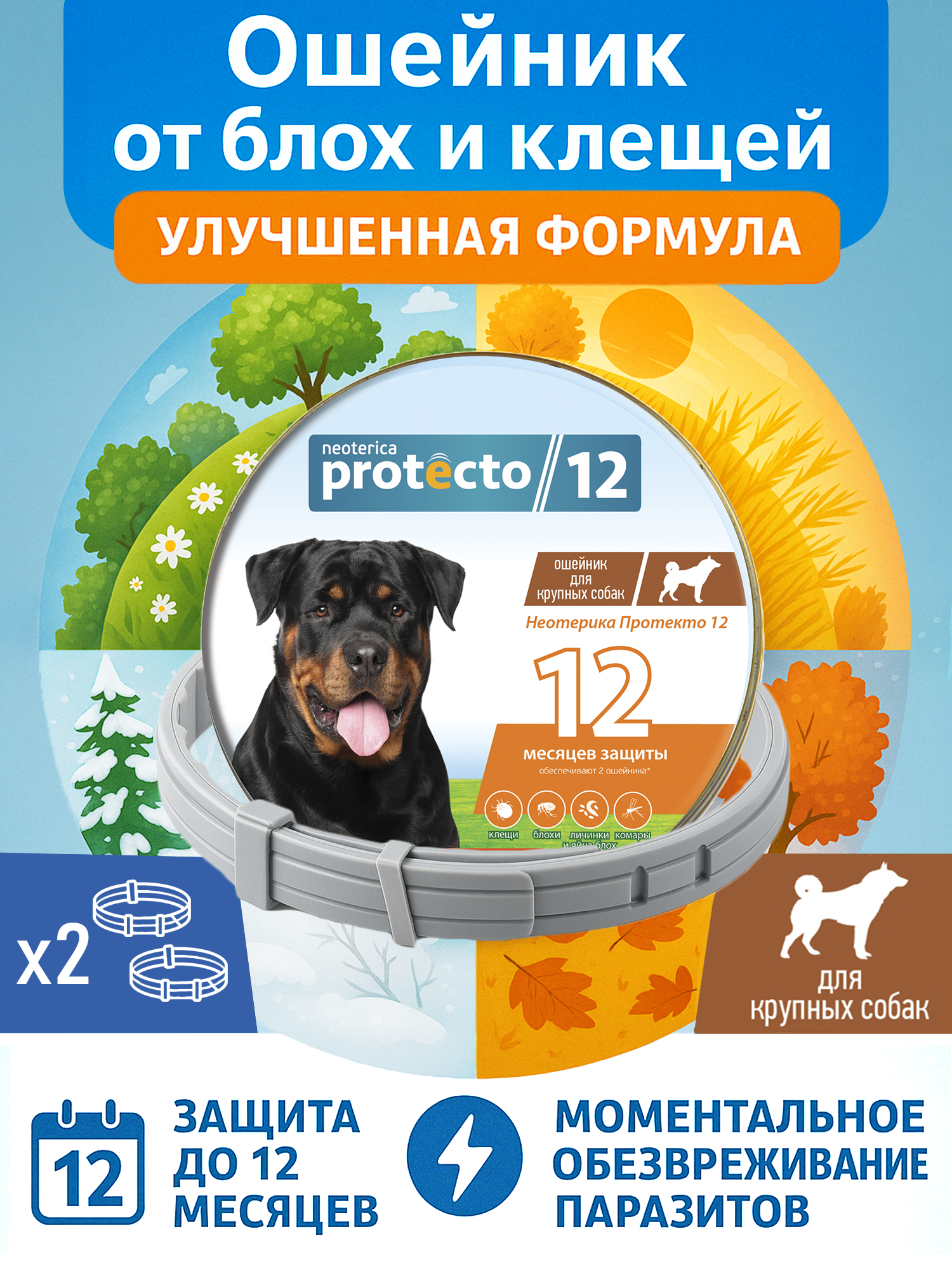 Protecto (Протекто) Ошейник для крупных собак 75см, 2 шт от клещей и блох
