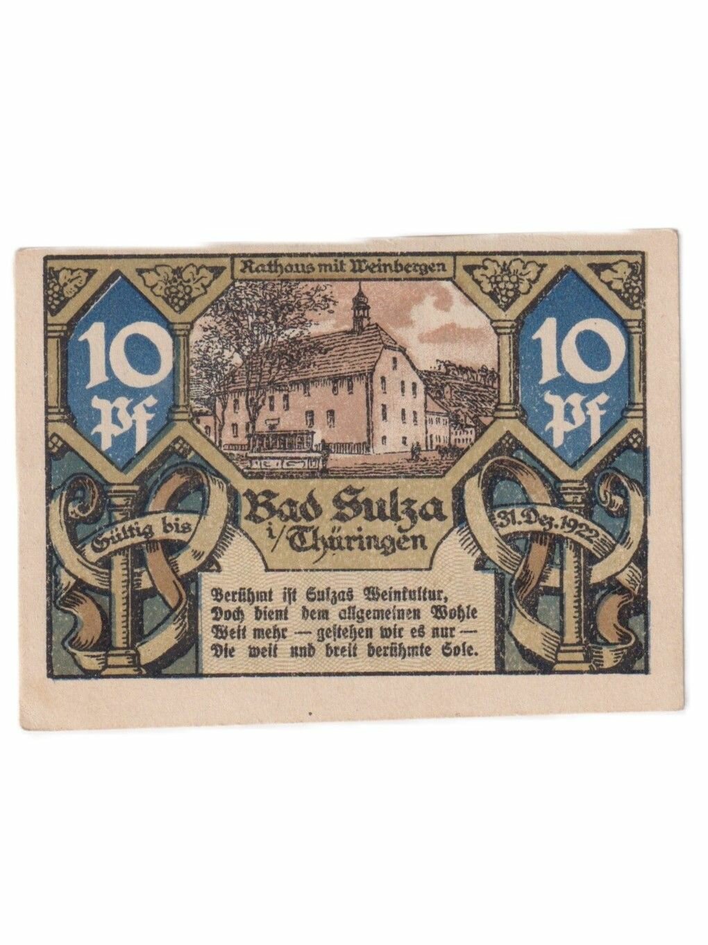 Подлинная банкнота 10 пфеннигов (нотгельд города Бад-Зульца) 1922 года, Германия