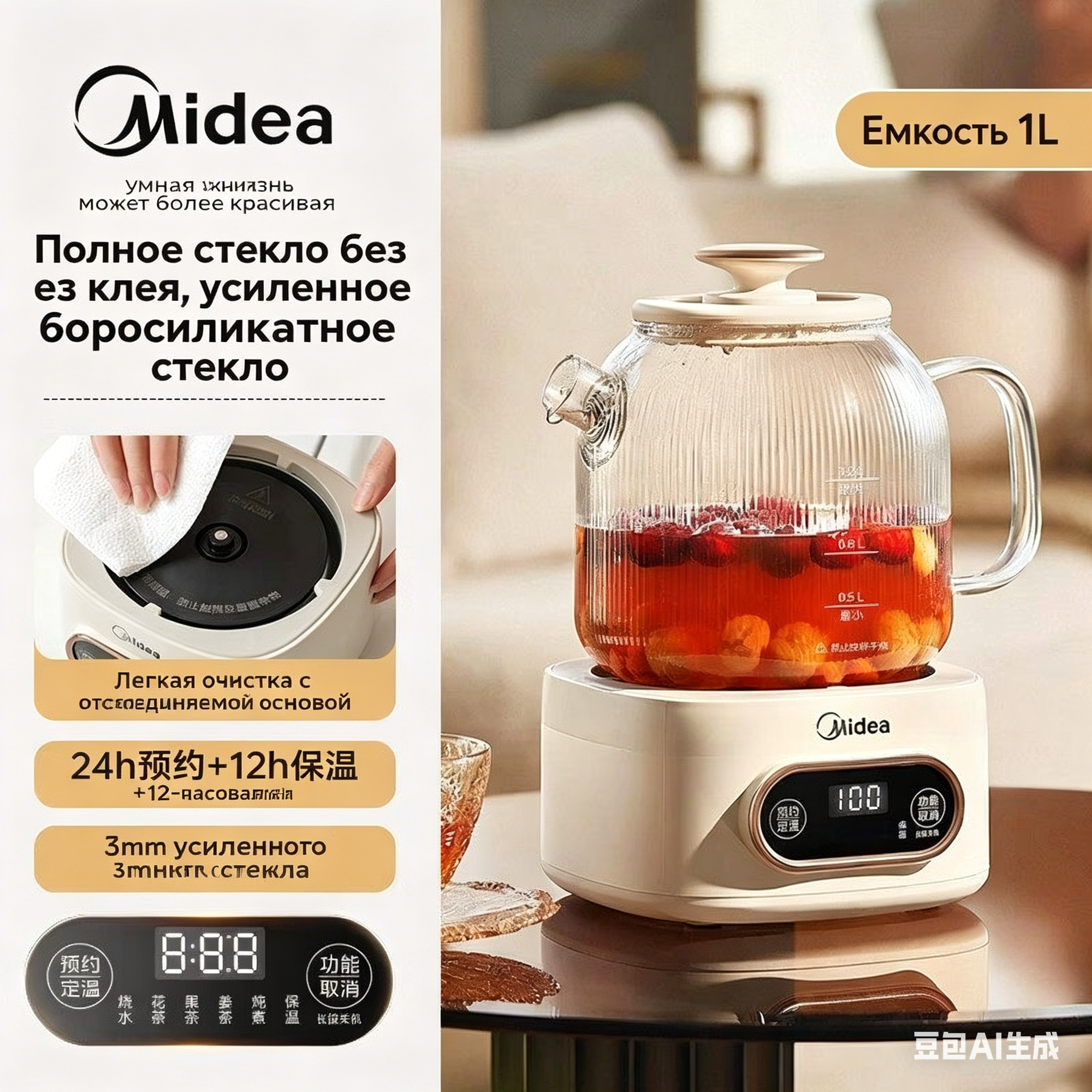 Чайник для здоровья Midea, полностью стеклянный, 1.2 л, многофункциональный, с термостатом, для дома и офиса, 3 мм боросиликатное стекло, 24 ч таймер + 12 ч подогрев