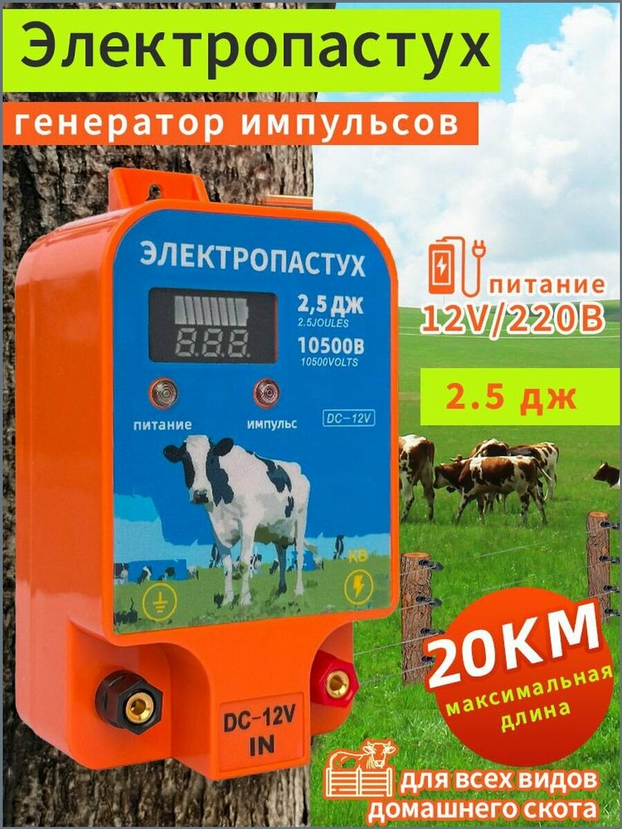 Электропастух 12V/220V. Генератор импульсов 2.5Дж свиней, овец, куриц, лошадей / импульс