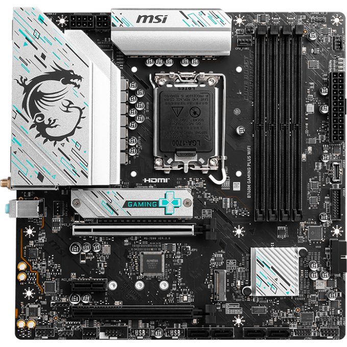 MB s1700 MSI B760M Gaming Plus Wifi, Intel B760, 4xDDR5-5600 МГц, 2xPCI-Ex16, 2xM.2, Micro-ATX