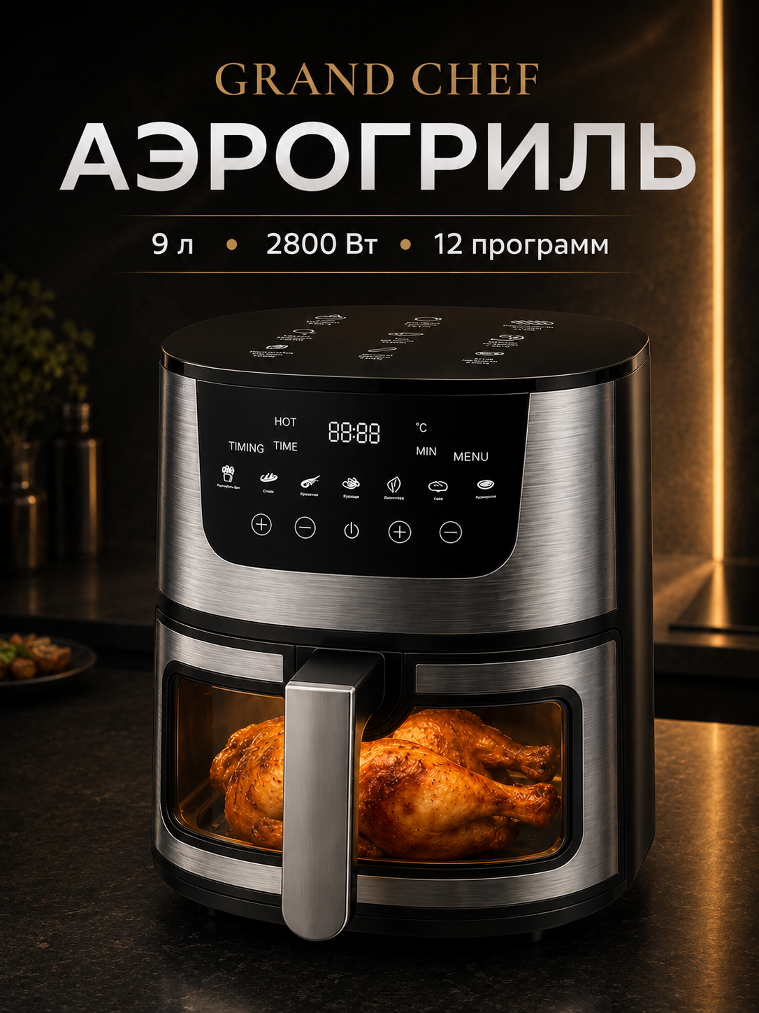 Аэрогриль, 9 л, мощность 2800 Вт, 12 программ, антипригарное покрытие