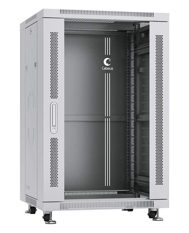 Шкаф монтажный телекоммуникационный напольный SH-05C-18U60/60 19дюйм 18U 600х600х988мм для распределит. и серверн. оборудования передн. стеклян. и задн. сплошн. метал. двери ручка с замком RAL сер. Cabeus 7043c