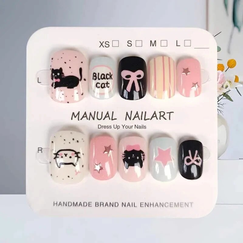 Наколки для ногтей в корейском стиле с черным котом и розовым бантом Style 1-M