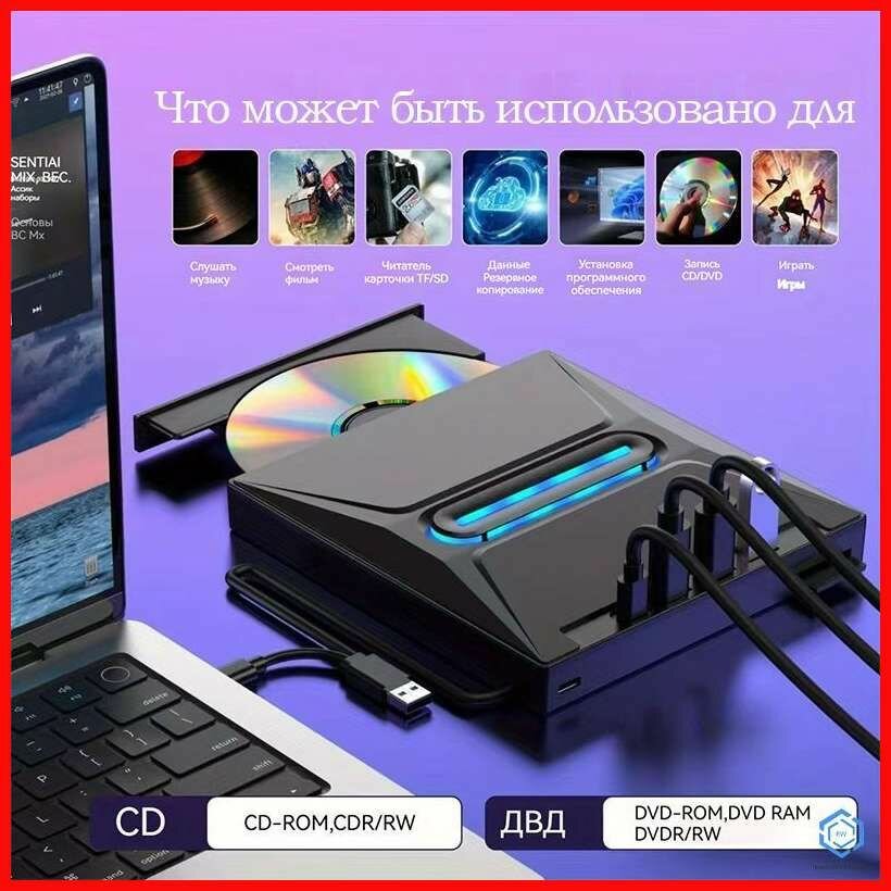 Многофункциональный CD/DVD-плеер Портативный проигрыватель USB 3.0 для ПК/ноутбука, совместимый с Windows 11/10/8/7Linux Mac OS