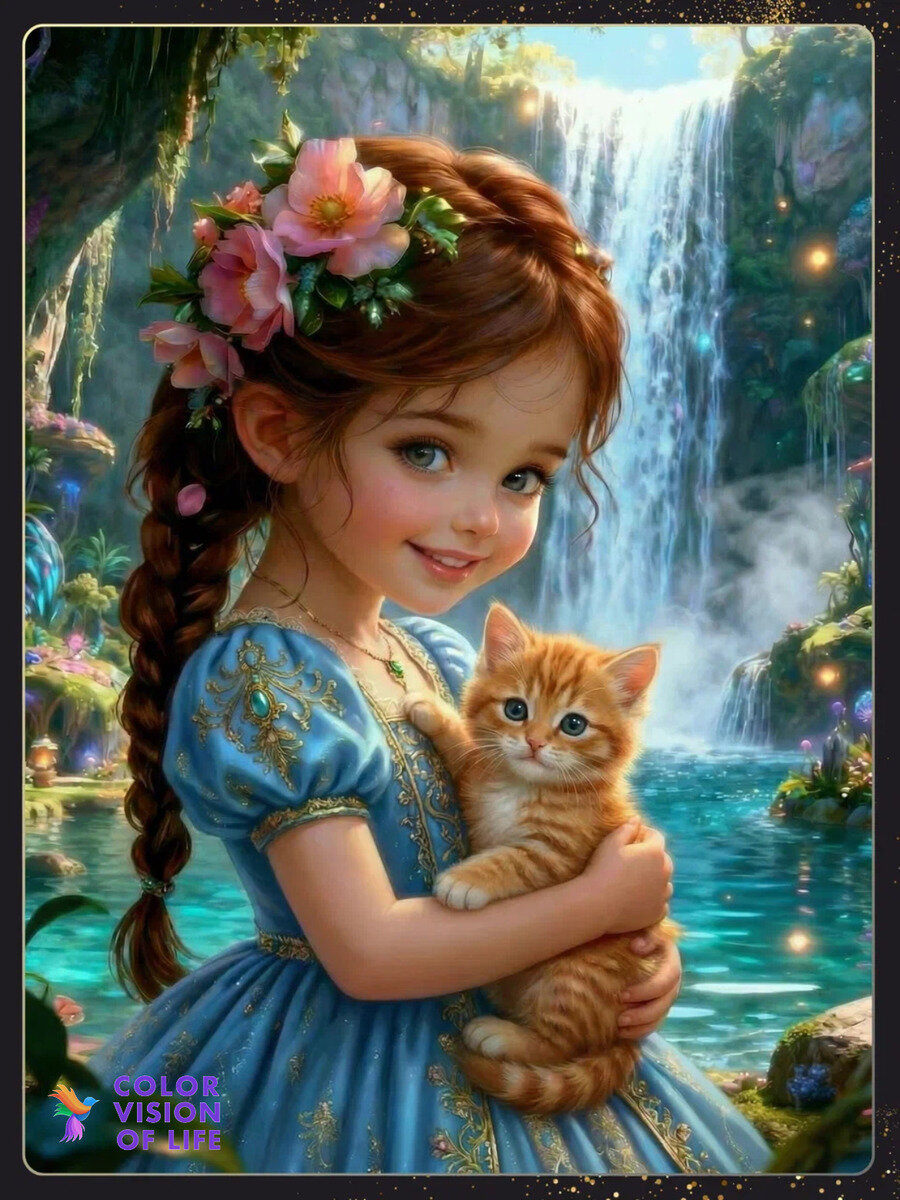 Алмазная мозаика COLOR VISION OF LIFE "Девочка с котенком у водопада", 30х40 см