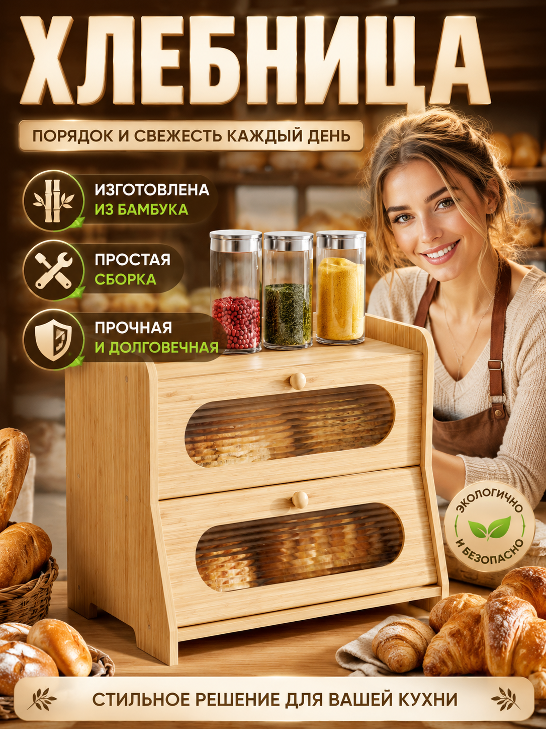 Хлебница из бамбука с двумя выдвижными ящиками, кухонный органайзер для хранения хлеба и круп, экологически безопасный материал, простая сборка