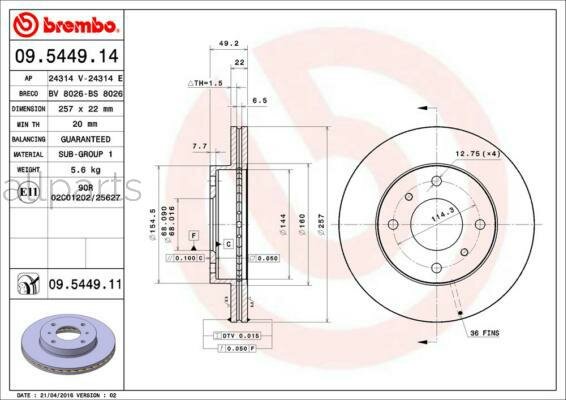 BREMBO 09.5449.14 Диск тормозной передн. INFINITI G20 01/90-12/97 / NISSAN (DFAC) BLUEBIRD (G10) 04/00-12/06 / NISSAN