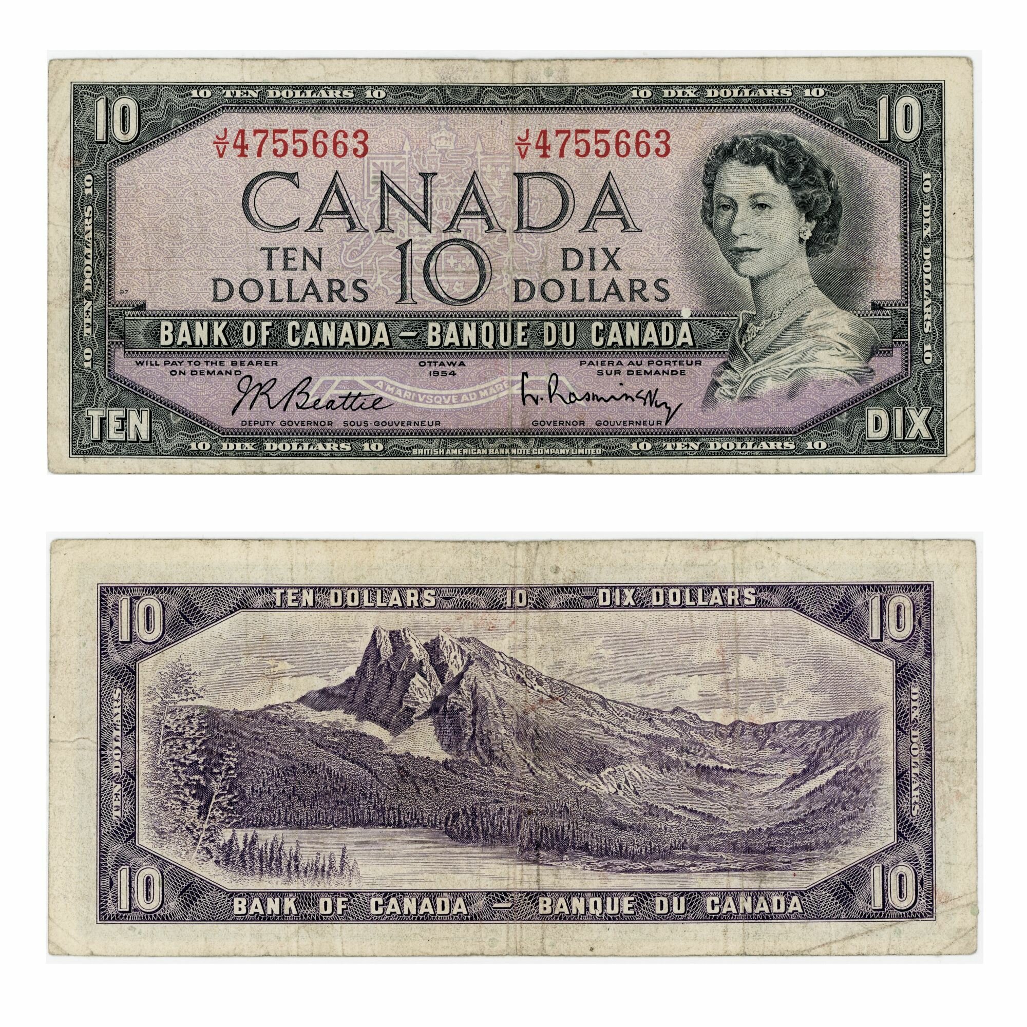 Банкнота Канада 10 долларов TEN DOLLARS DIX 1954 Fine (F) Pick 79