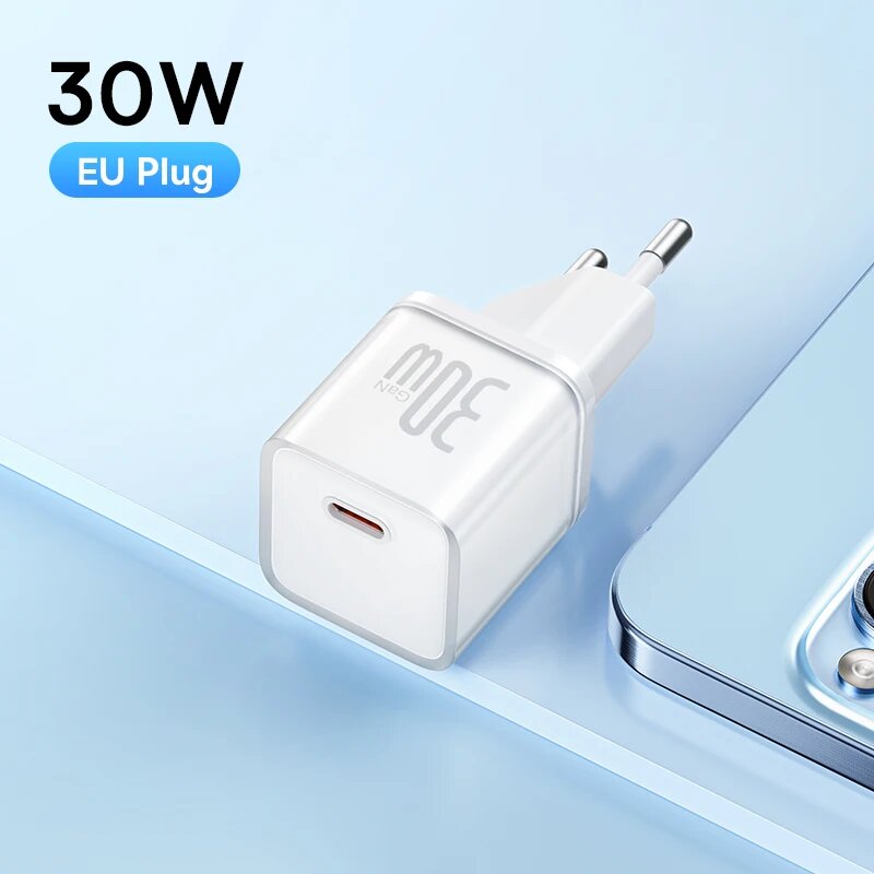 Baseus Зарядное устройство Baseus 30W GaN для iPhone 16 15 14 12 Pro Max Samsung Xiaomi, зарядное устройство USB C с поддержкой PD QC PPS, быстрая зарядка для смартфонов ноутбуков, 30W White EU