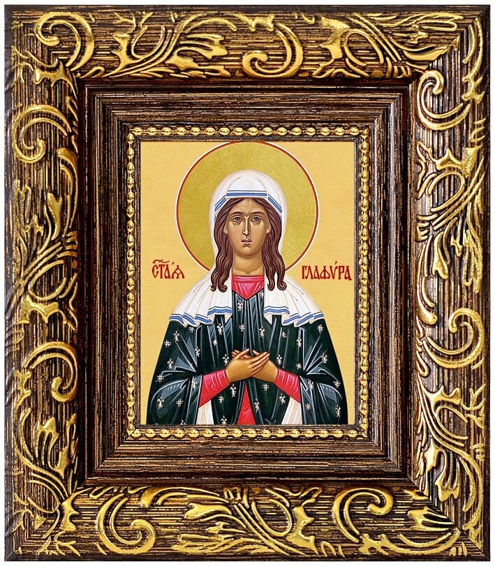 Праведная Глафира Амасийская, дева, икона в широкой темной пластиковой рамке 10,5*12 см