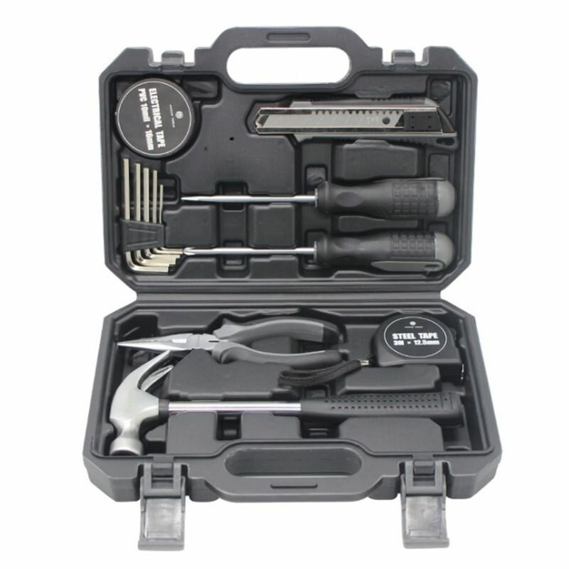 Набор ручных инструментов для общего домашнего ремонта с отверткой, гаечным ключом, молотком, лентой, плоскогубцами, ножом, 12 шт.