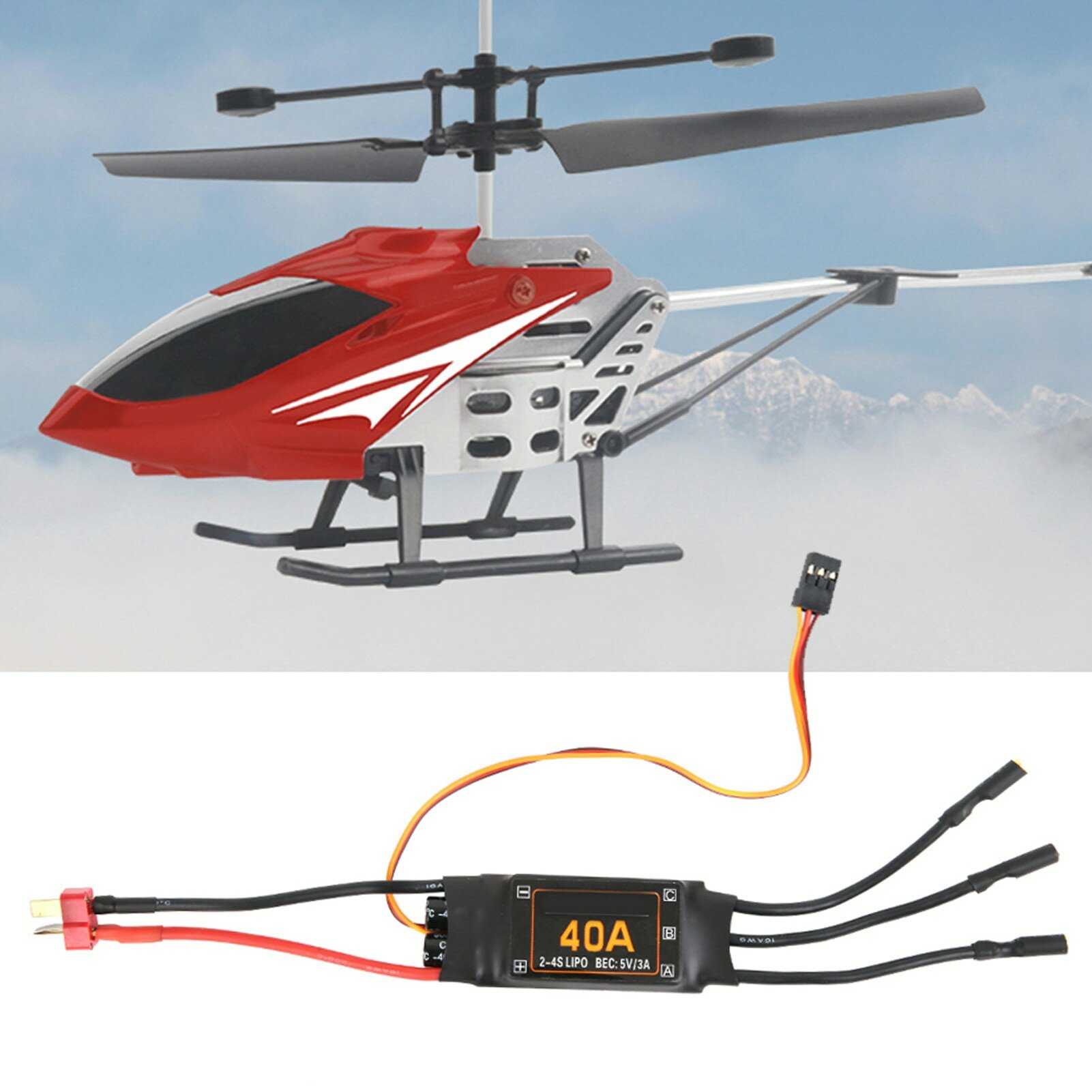 40A Speed Controller Brushless ESC для радиоуправляемых дронов и вертолетов FPV, черный цвет, контinuous current 40A, short current 55A, 2-4 литиевые батарейки, размер 230x25x8mm, запчастей и аксессуаров