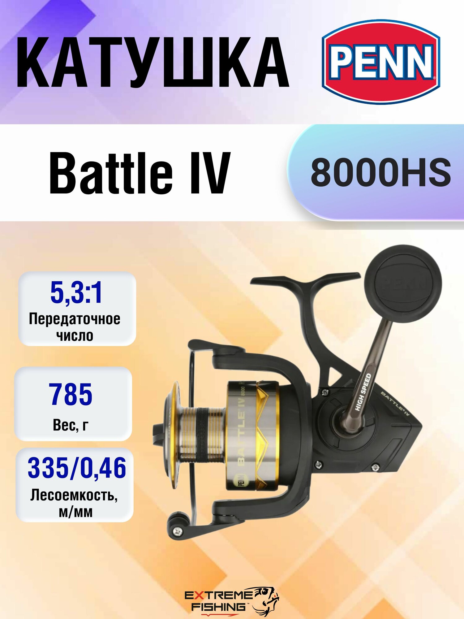 Катушка спиннинговая Penn Battle IV 8000HS Spin Reel, безынерционная