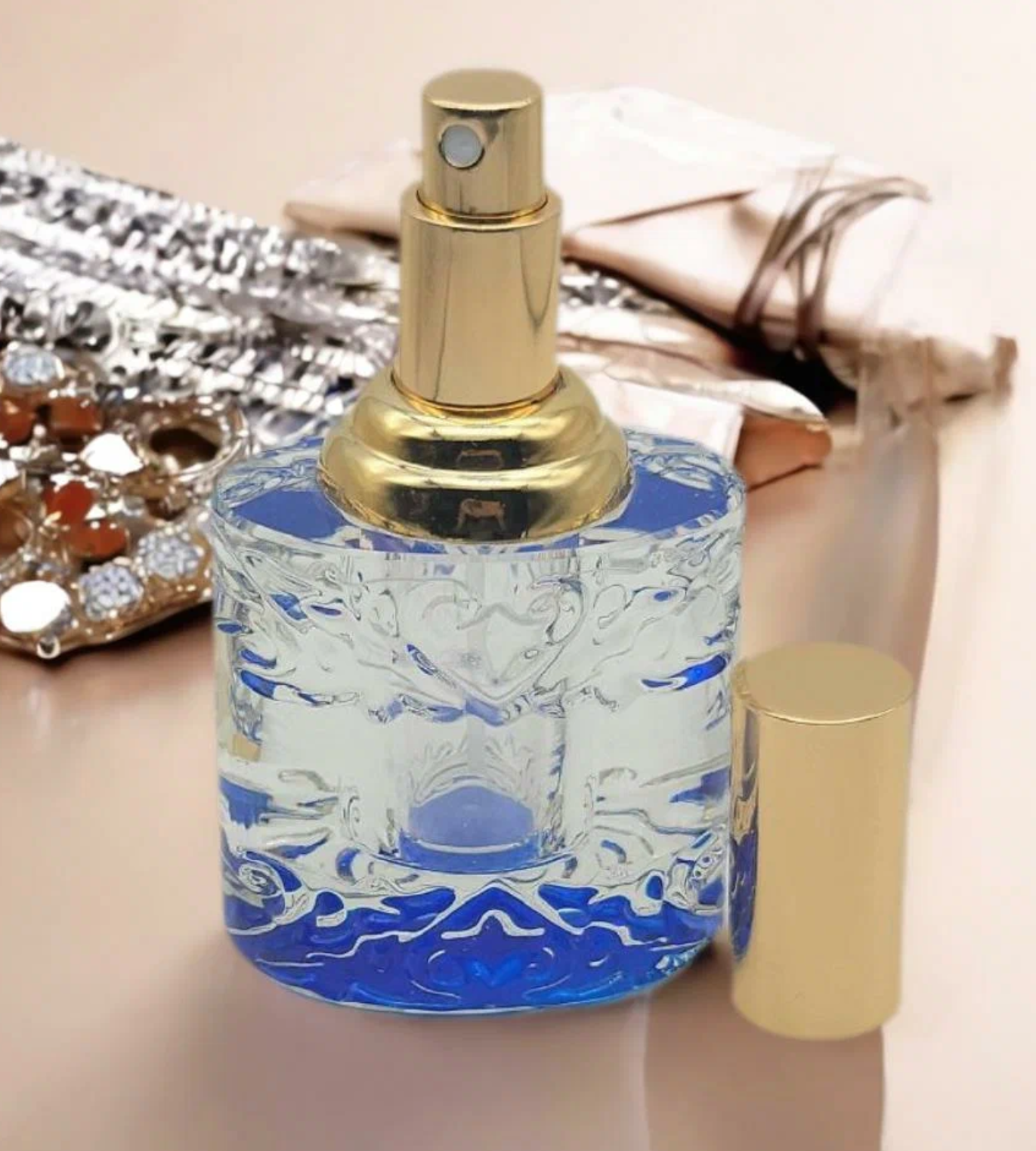 Хрустальный резной флакон для духов 30мл, высота 125мм, ширина 70мм, цвет синий