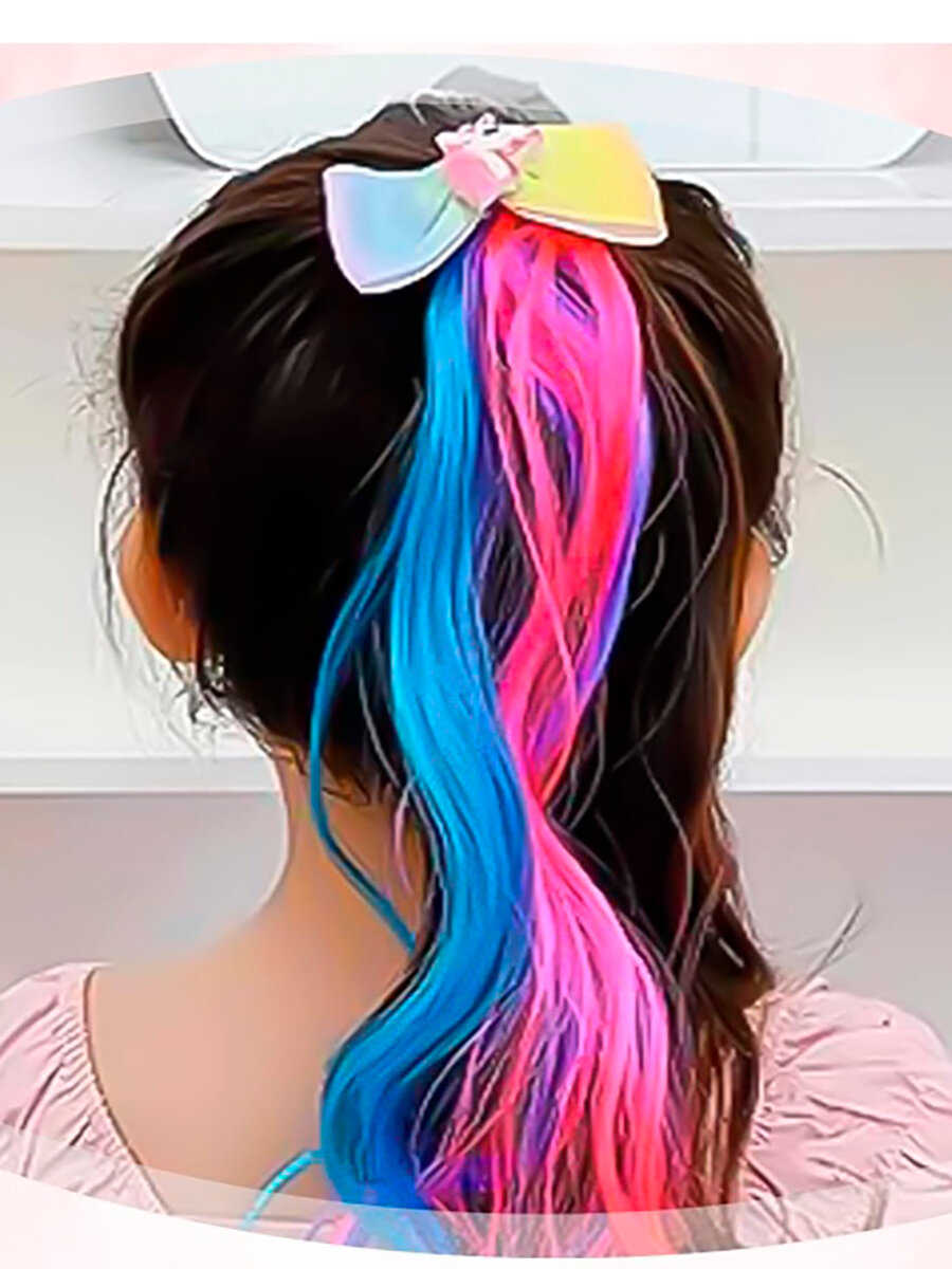 Заколка Бантик с Единорогом с цветными прядями сиреневый, розовый, бирюзовый