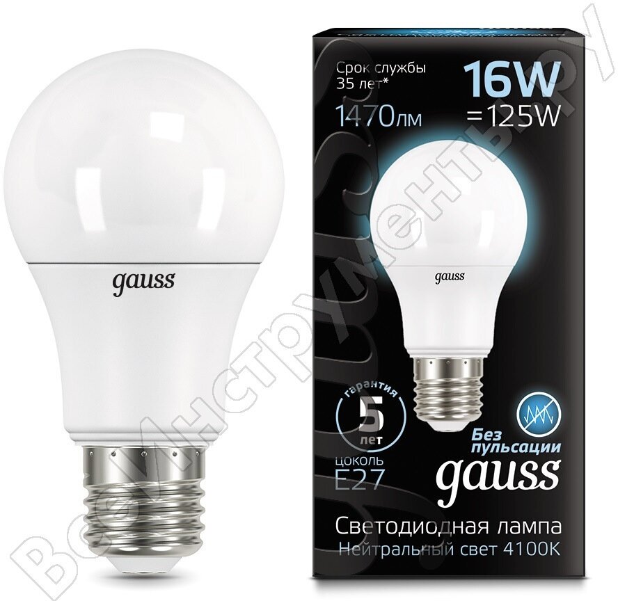 Светодиодная Лампа Gauss A60 16W 1520lm 4100K E27 LED 1/10/50 102502216