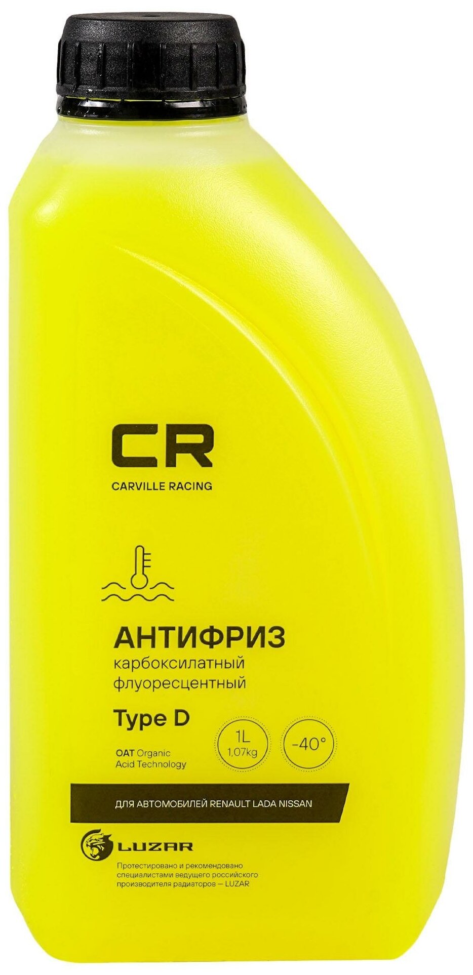 Антифриз готовый раствор CR для а м Renault (Лада Nissan) Type D флуор. -40°С желтый 1л 1.07 Carville Racing L2018535