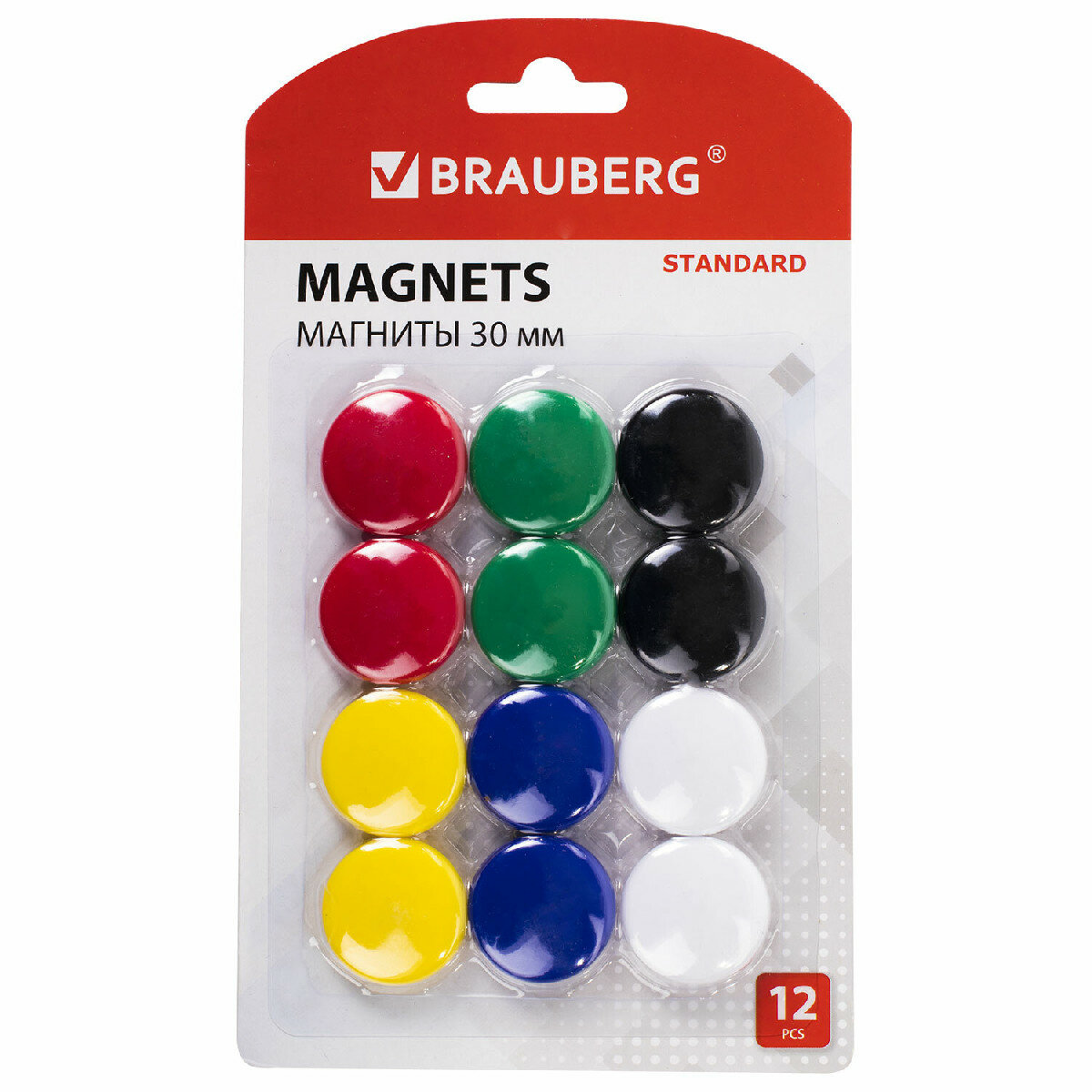 Магниты BRAUBERG "STANDARD" 30 мм, набор 12 шт, ассорти, 237472